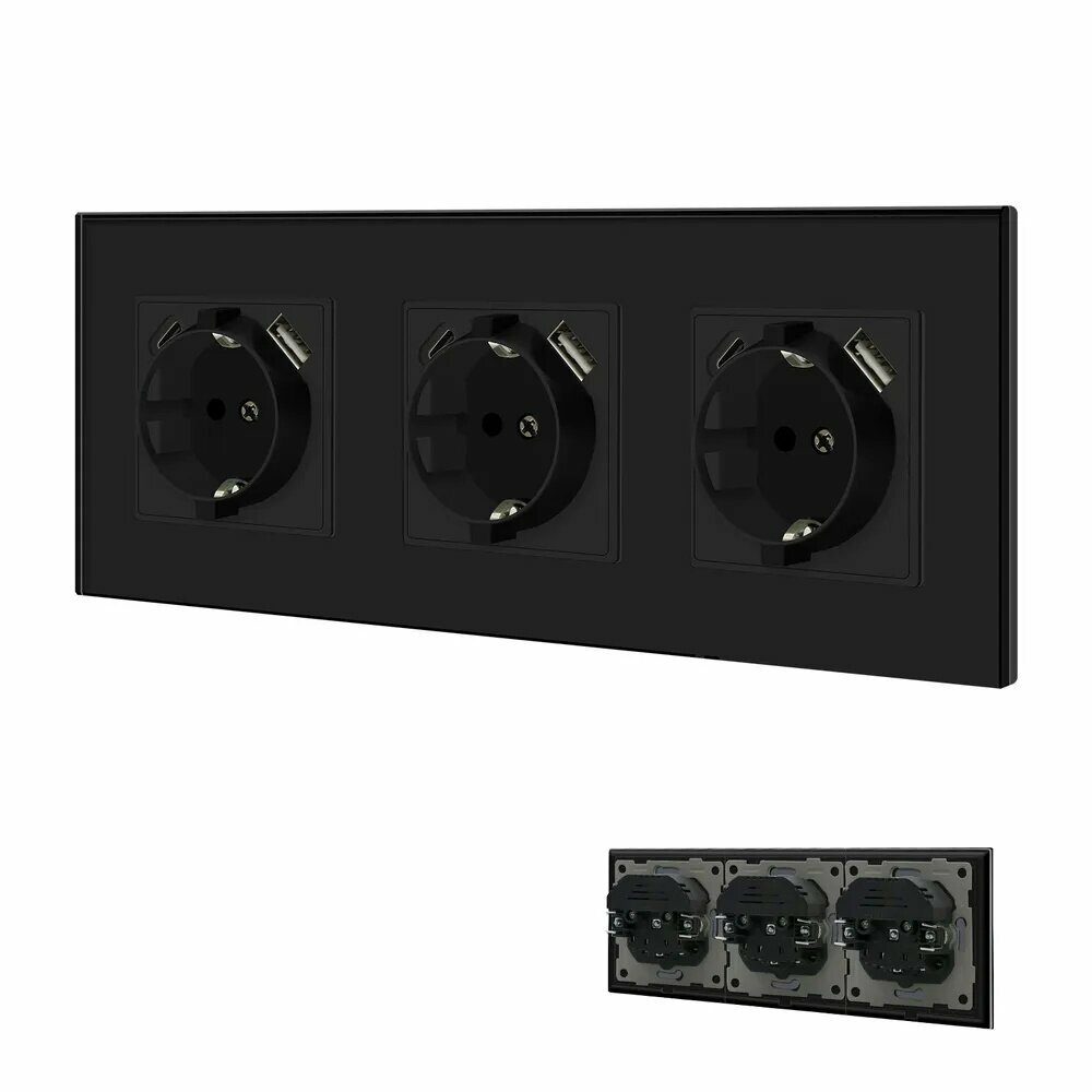 Розетка Черный Bseed с USB и type-C, 3 пост,16А 250В рамка закаленное стекло
