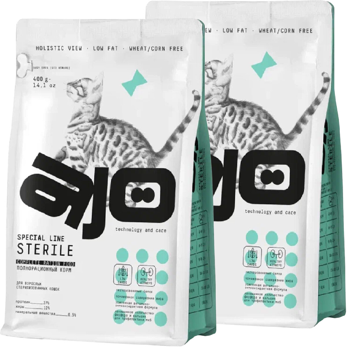 Корм сухой Ajo Cat Special Line Sterile для стерилизованных кошек с высоким содержанием белка, индейка утка, 0,4 кг х 2 шт