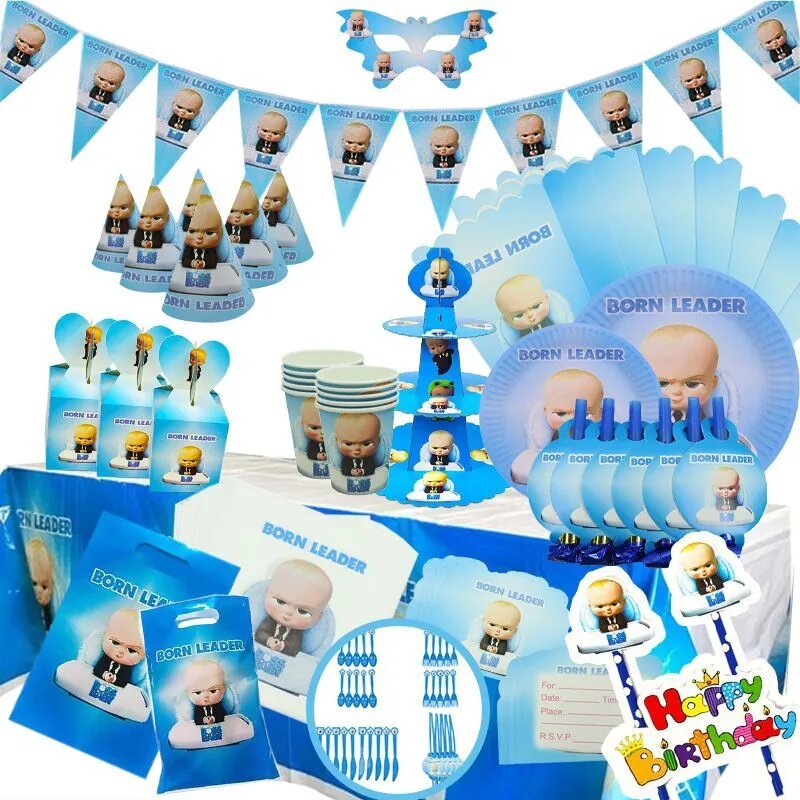 Товары для дня рождения "Босс-молокосос": праздничная посуда, тарелки, чашки, скатерть, баннер, 1 шт. скатерти