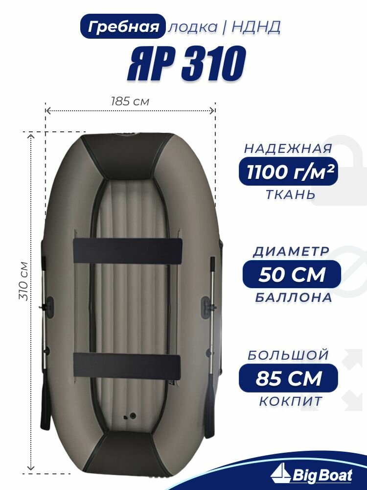 Надувная лодка для рыбалки ПВХ гребная Big Boat Яр310 НДНД, серо-черная