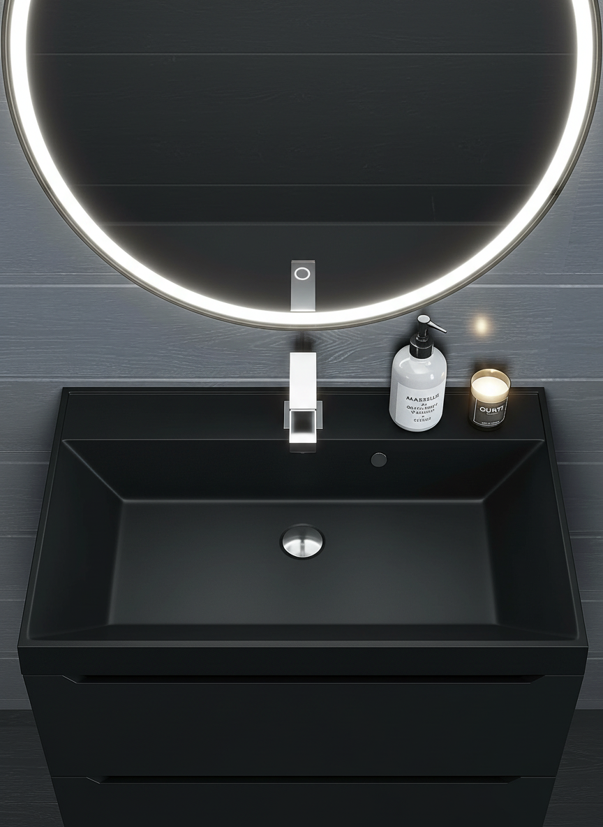 Раковина кварцевая для ванной комнаты Uperwood Classic Quartz 70 см, черная матовая, уголь