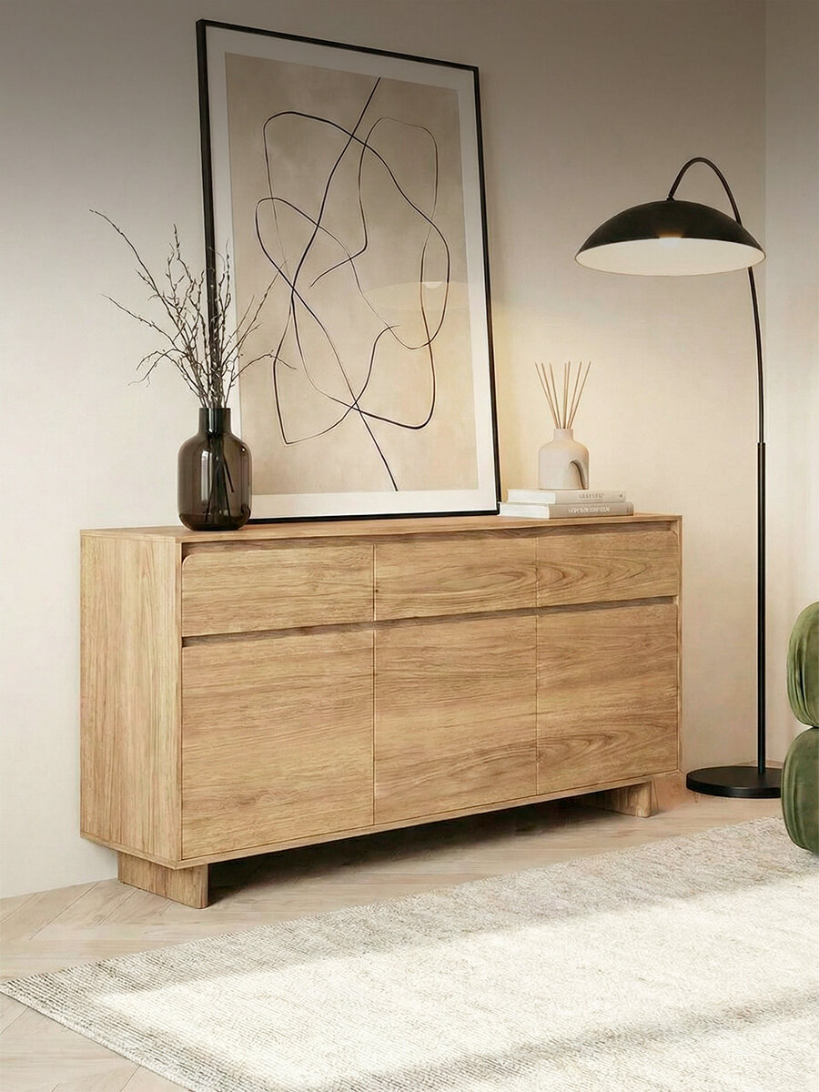 Комод для одежды Puzzlemebel Лоран с 3 выдвижными ящиками для вещей, тумба с полками в спальню, длина 150 см, гикори