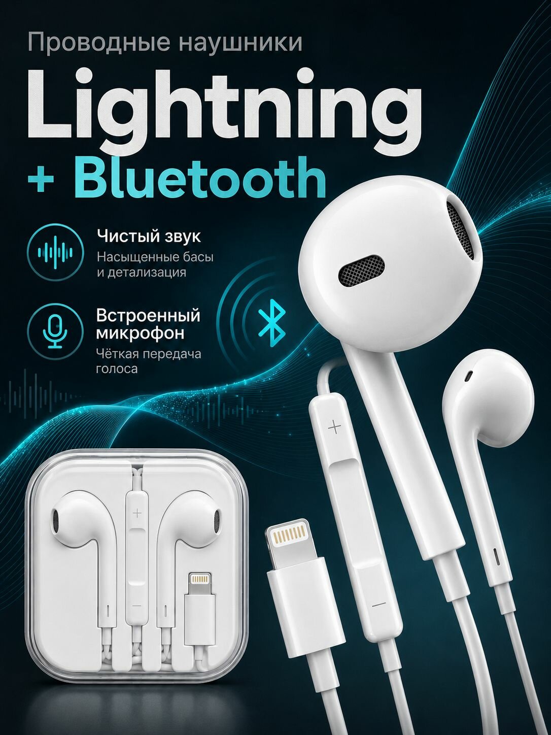Наушники Lightning проводные для Айфон 5-14 - Вкладыши с микрофоном, лайтнинг - Белые в кейсе лайтнинг наушники проводные вкладыши наушники с микрофоном белые наушники