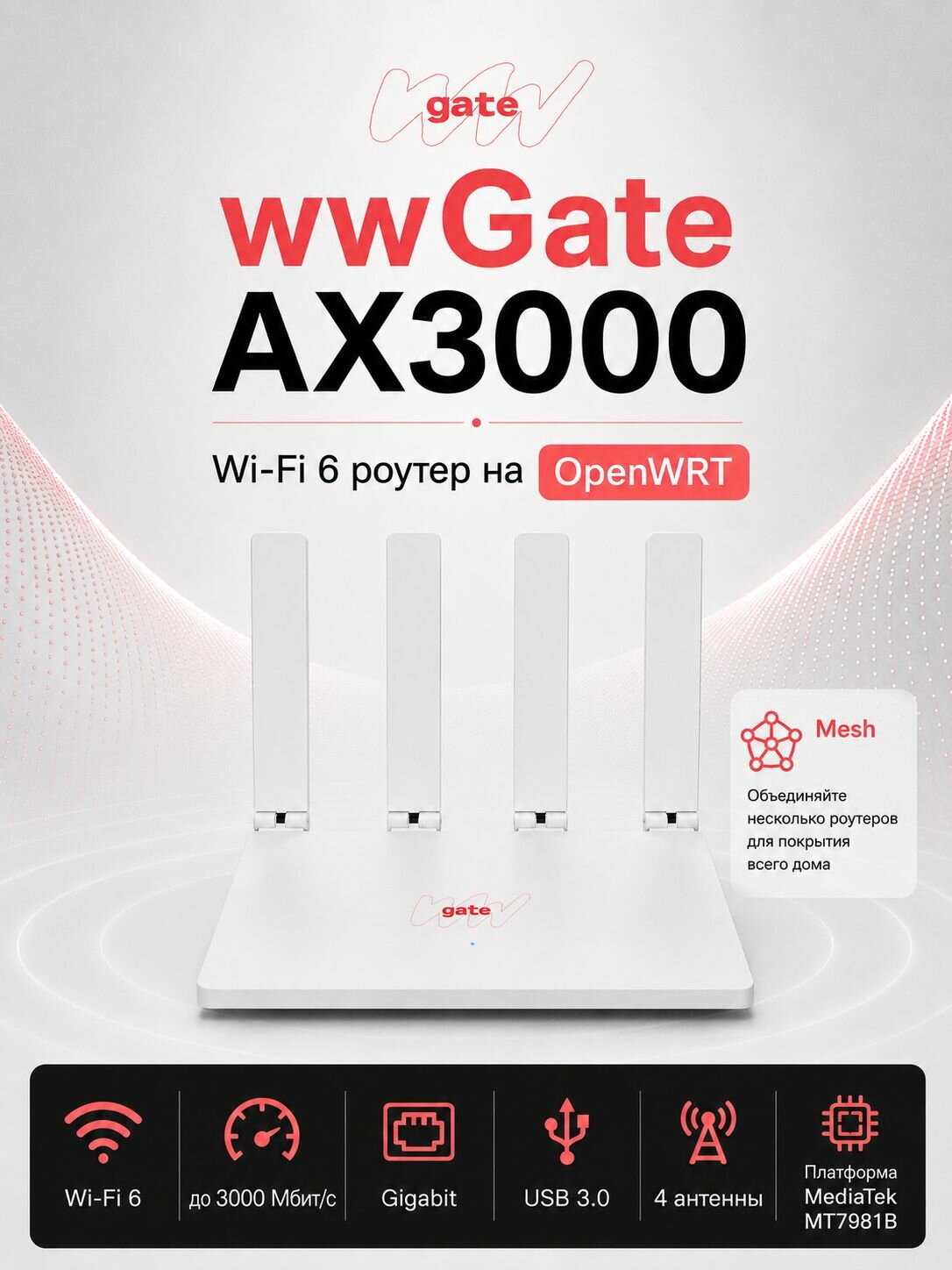 Wi-Fi роутер wwGate AX3000, Wi-Fi 6 (802.11ax), двухдиапазонный 2.4/5 ГГц, гигабитные порты, USB 3.0, прошивка OpenWrt