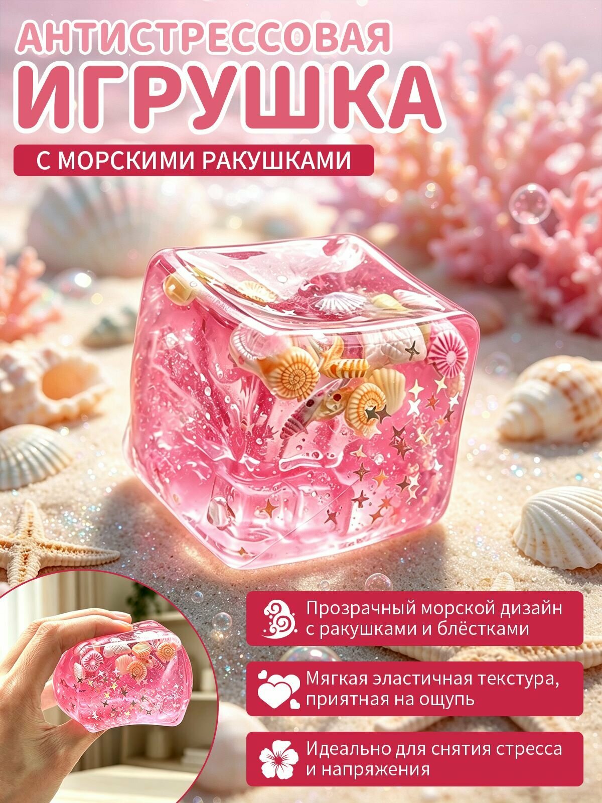 Квадратный антистресс-поп ит морской остров с ракушками и блёстками, розовый цвет морская тематика поп ит игрушка