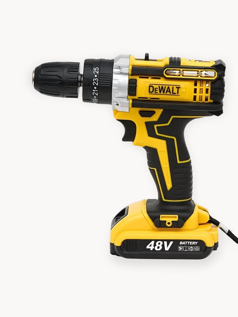 Шуруповерт-Дрель с ударом, 48В, мощный двигатель, 2 скороси, 2АКБ, кейс, жёлтый