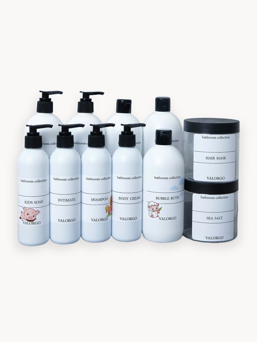 Набор флаконов с дозаторами для ванной и банок - 11 штук, подписи на английском языке