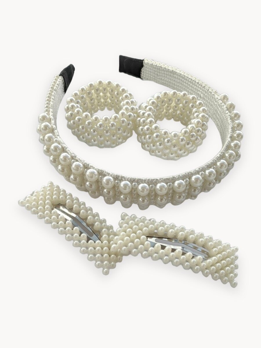 5 предметов Ободок для волос с жемчугом, жемчужная резинка 2 шт, заколки для волос с бусинами 2 шт. / Набор аксессуаров для волос с жемчугом