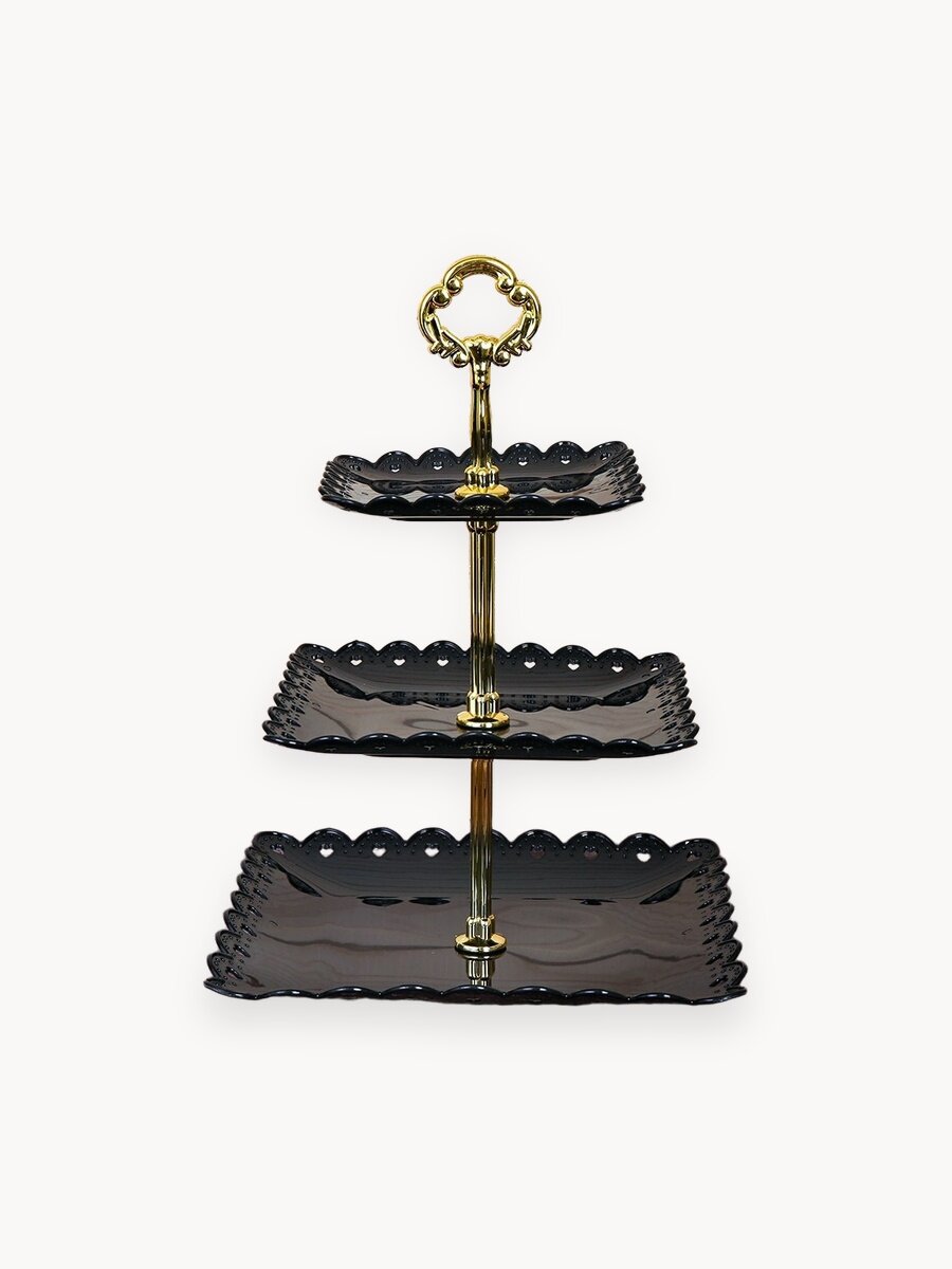 Фруктовница трехъярусная черная пластик/ Ваза ярусная для конфет, орехов, десерта