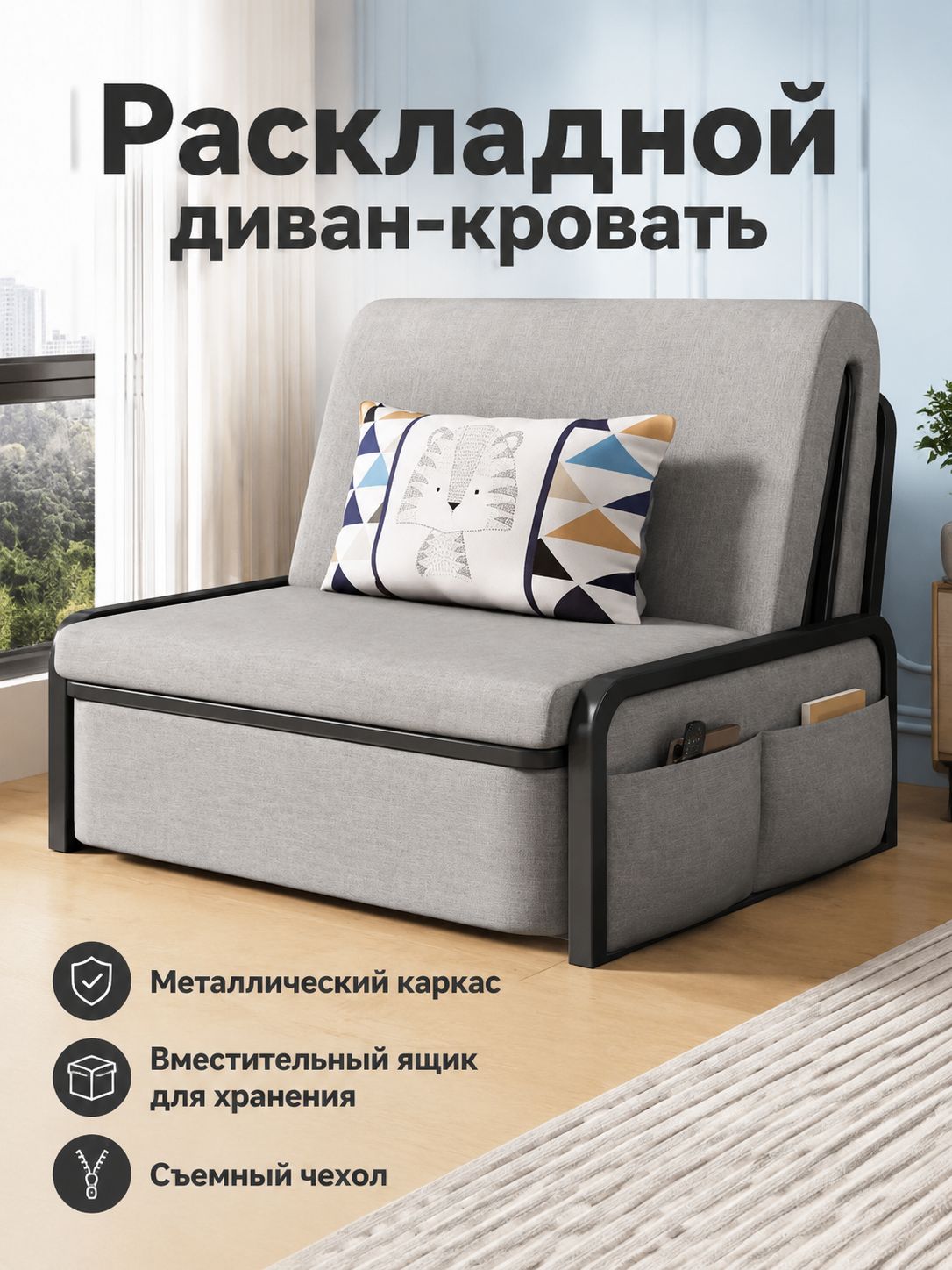 Складной диван-кровать с ящиком для хранения, 80 см, каркас черный, обивка светло-серая, 7 см