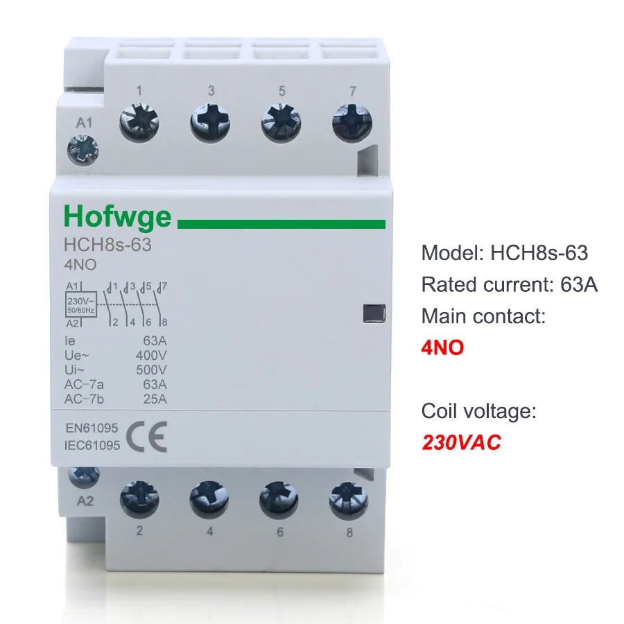 HOFWGE HCH8s-63 Модульный контактор 63А 4P 63A 4NO AC230V