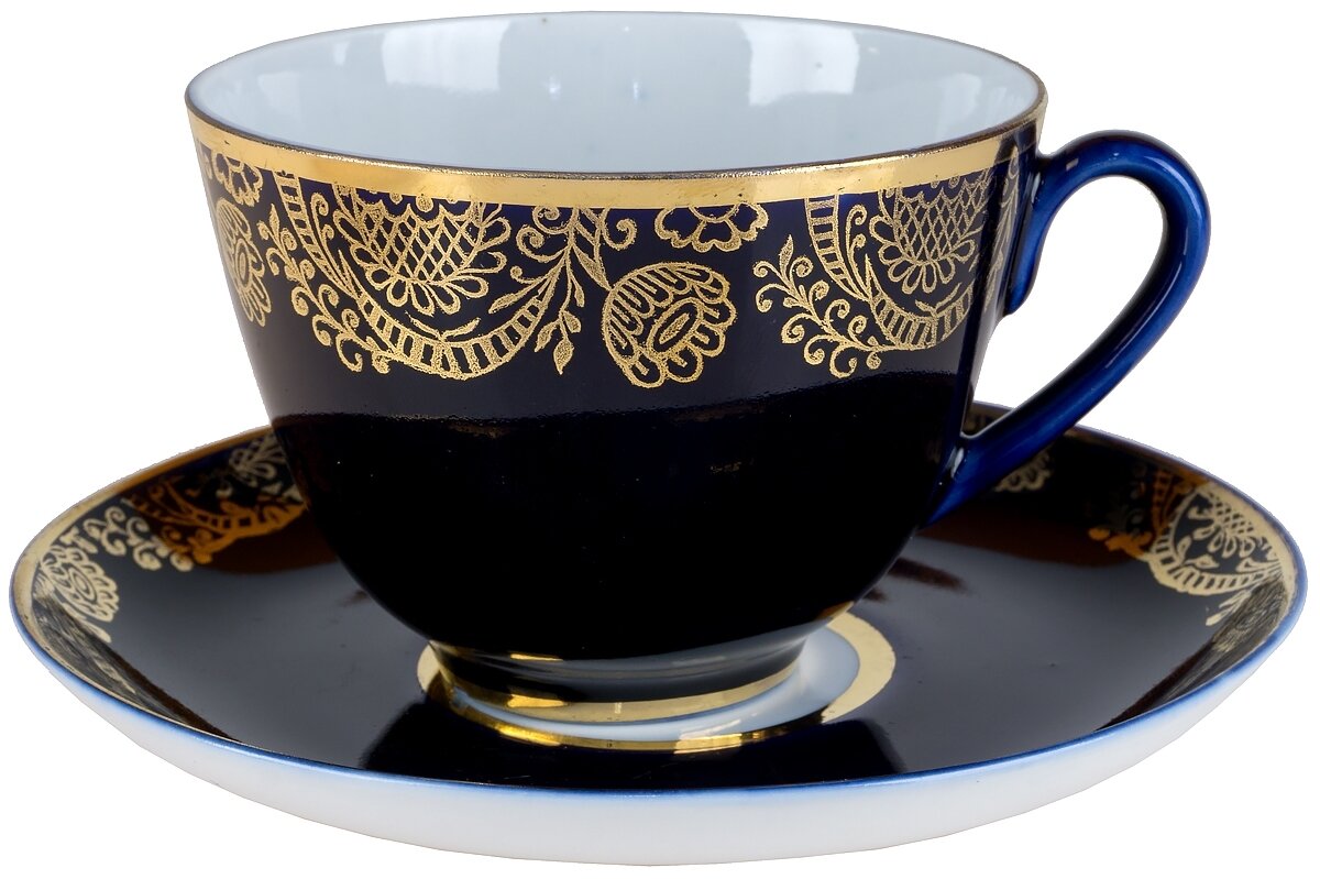Чайная пара "Ночь", Фарфор, кобальтовое покрытие, винтаж, ЛФЗ, СССР, вторая половина 20 века (нюанс)