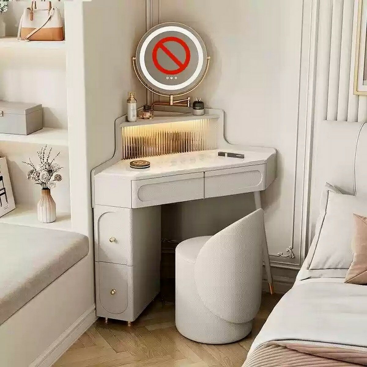 Туалетный столик Caitlin угловой высокого качества (Стол + тумба 60 см + кресло)