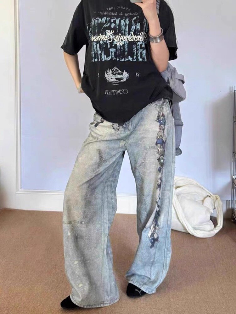 JYL Джинсы Парные Винтажные Страненные Синие Чистые Прямые Деним, Размер_L