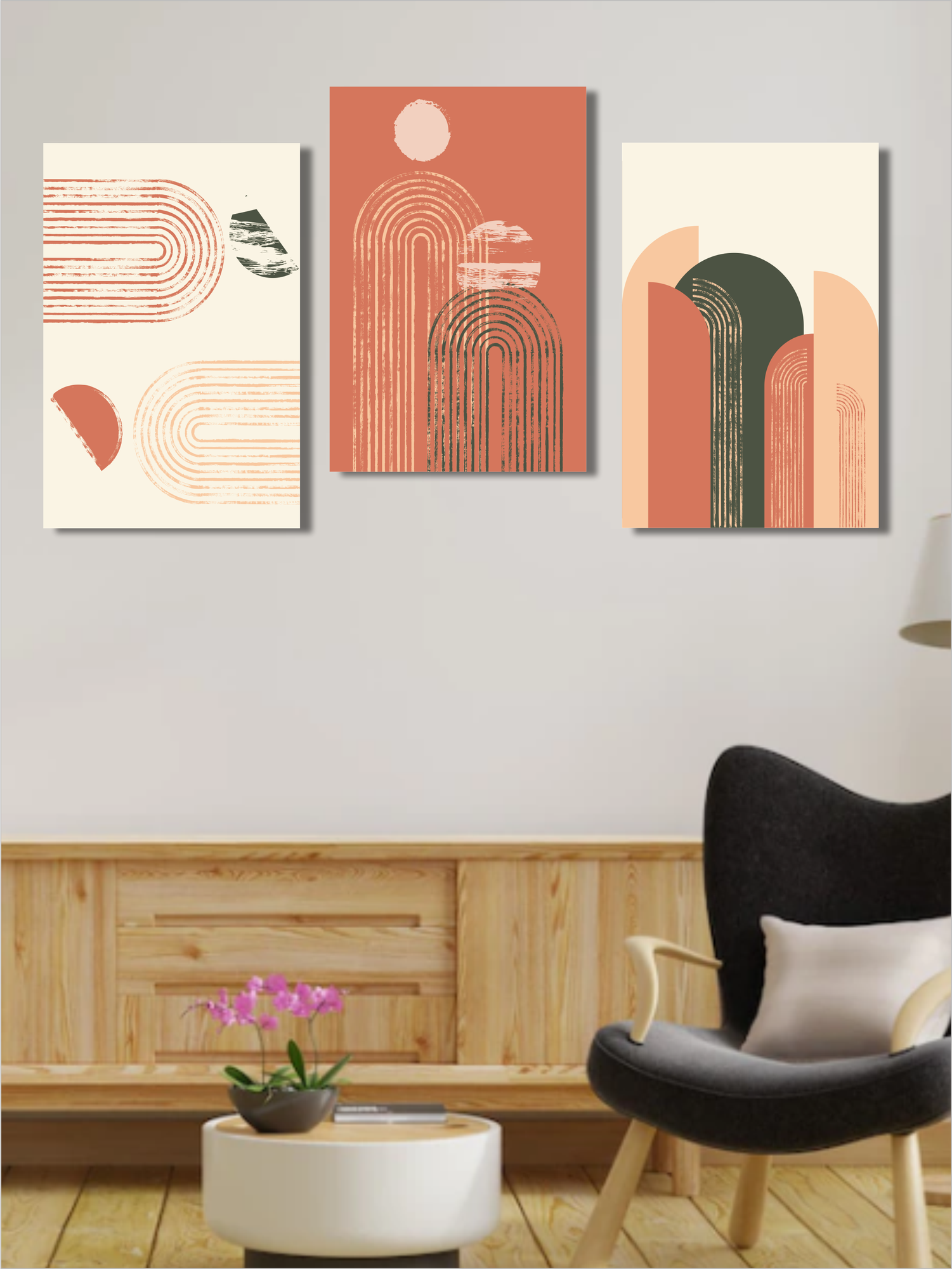Модульная интерьерная картина " Геометрия в оранжевых оттенках ", натуральный холст на подрамнике, размер 40х60см - 3 шт