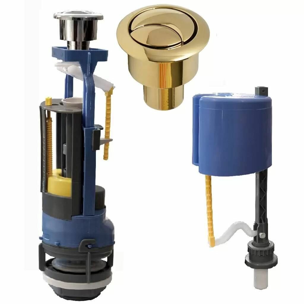 Арматура для бачка унитаза Инкоэр нижняя, диаметр штуцера 1/2 дюйма, кнопочная, двухрежимная, золотистая