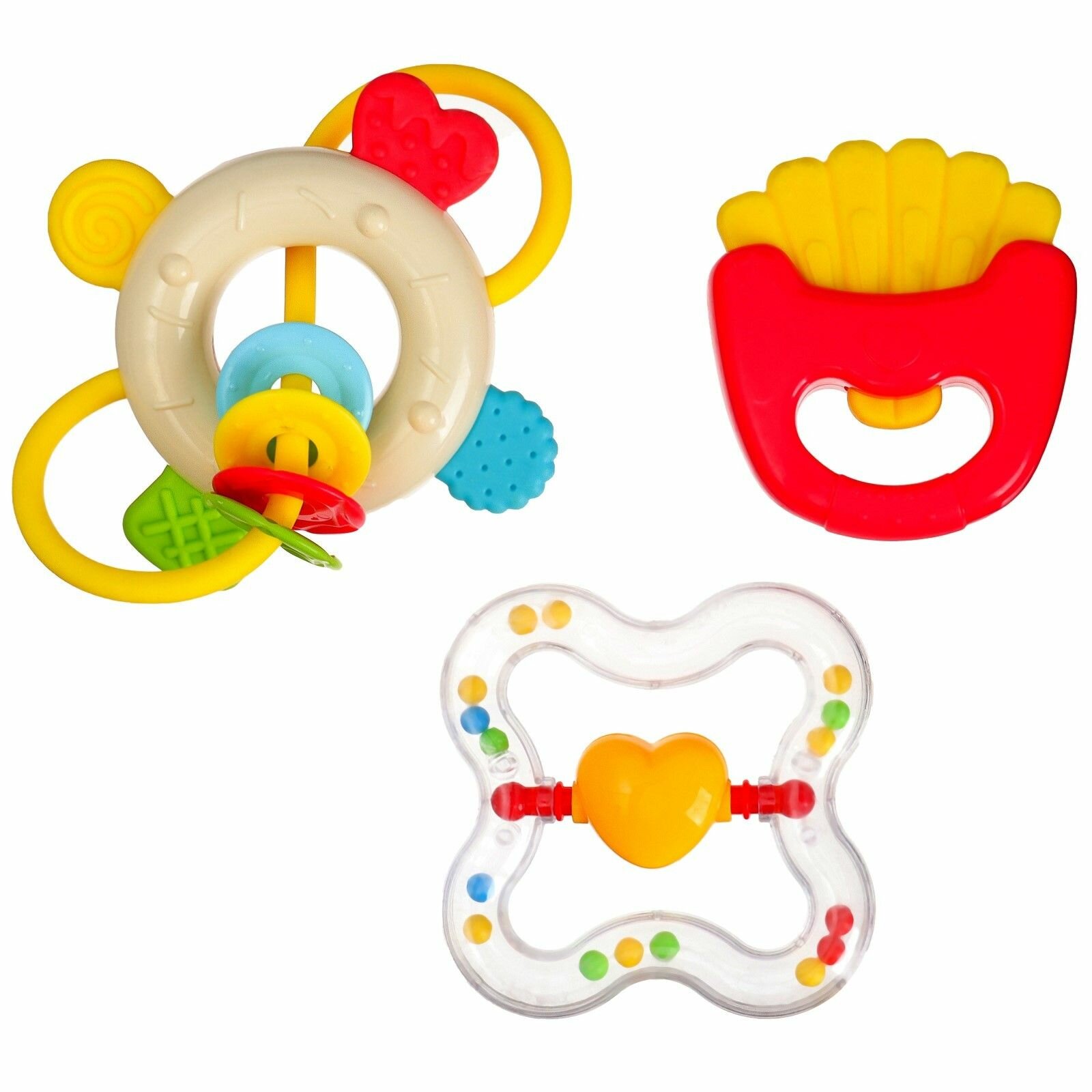 Набор погремушек с прорезывателем "Сладости", первая игрушка для малышей, силиконовая игрушка-погремушка, детская шумелка, развиваем моторику, зрение и слух, от 3 месяцев, 3 шт.