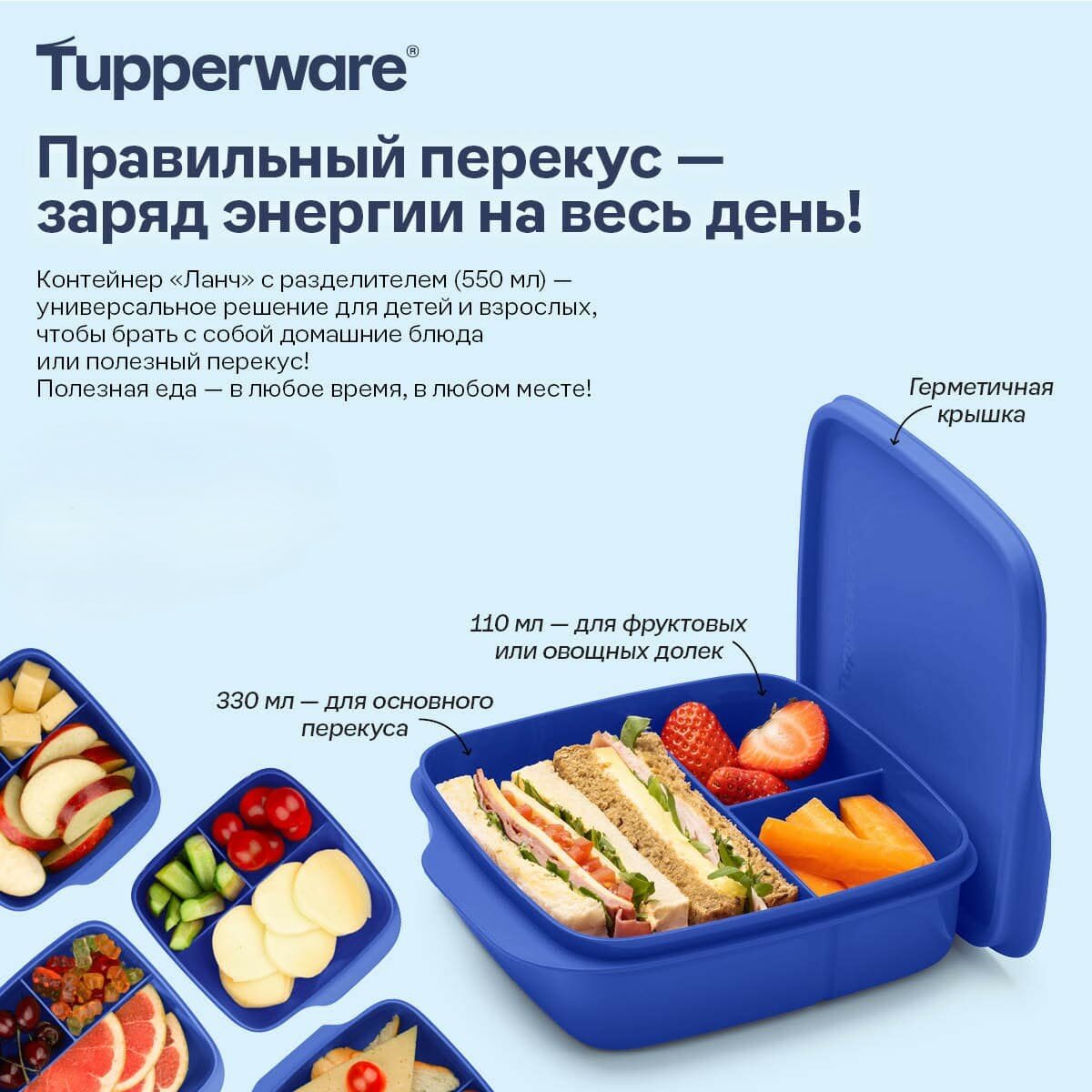 Контейнер с разделителями и крышкой "Школьник " синий. Tupperware