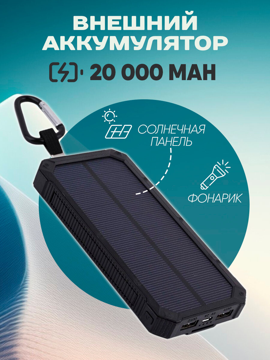 Повербанк 20000 mAh портативный внешний аккумулятор с быстрой зарядкой, черный