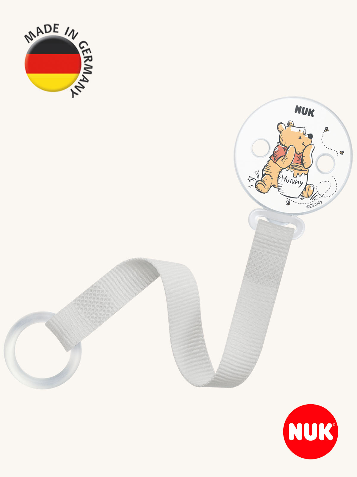 Клипса(держатель) для соски-пустышки с ленточка, Винни Пух белая