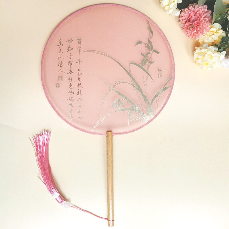 Веер Huilan "Танец вееров", шелковая ткань, круглый, розовый