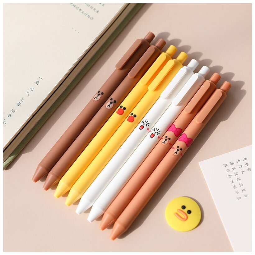 Набор гелевых ручек Xiaomi Kaco LINE FRIENDS Plastic Gel Ink Pen K1015 Brown & Friends 8 шт, черные чернила