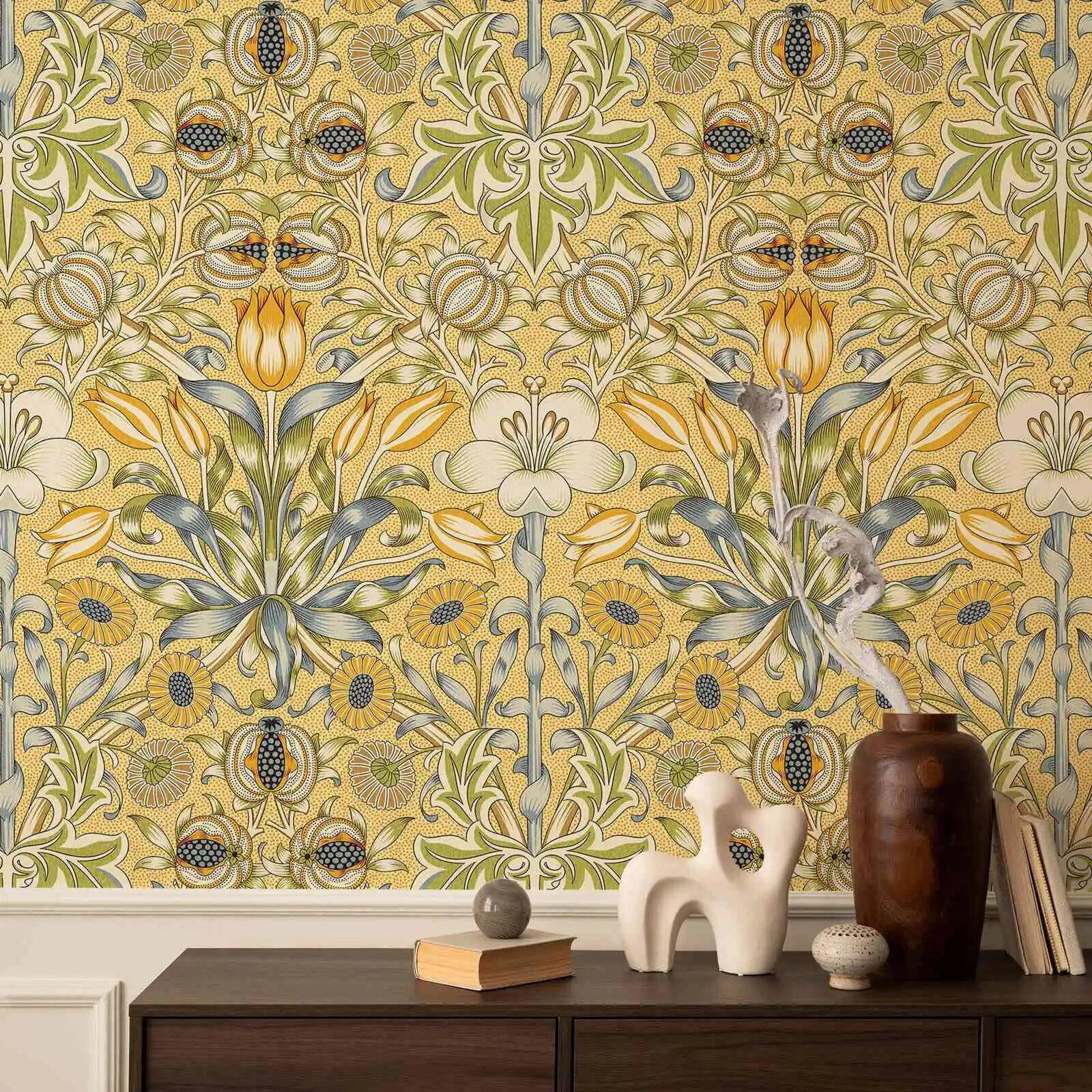 Бумажные обои Pizel&Wall Лилия и гранат, желтые Peel and Stick