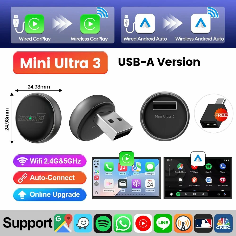 Беспроводной адаптер Carlinkit Mini Ultra 3, преобразует беспроводной Android Auto Plug & Play Carplay WiFi Bluetooth для автомобильного радиоприемника