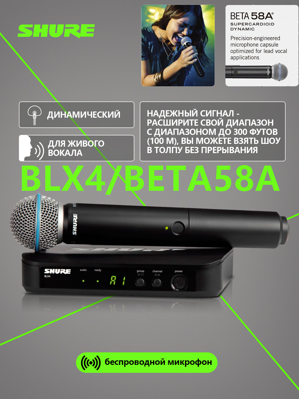 Shure Микрофон для живого вокала BLX24/BETA58A, черный матовый