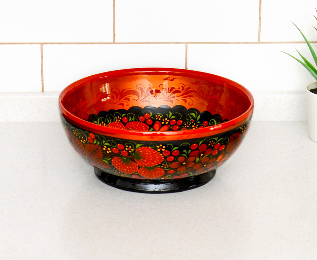 Тарелка деревянная глубокая хохлома "Клубника", салатник, конфетница, фруктовница, 0,8 л