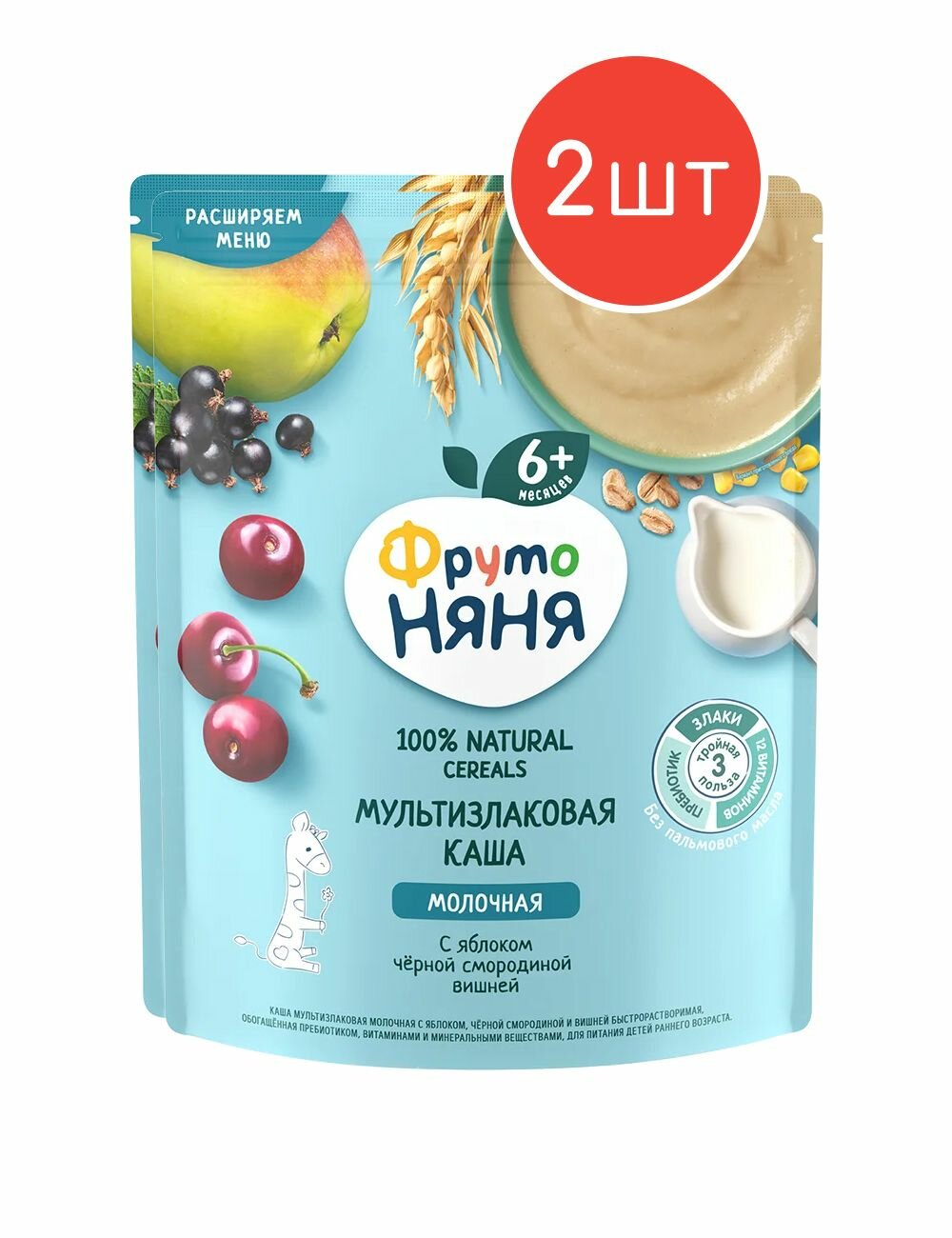 Каша молочная ФрутоНяня мультизлаковая с 6месяцев черная смородина-яблоко-вишня 200г 2шт
