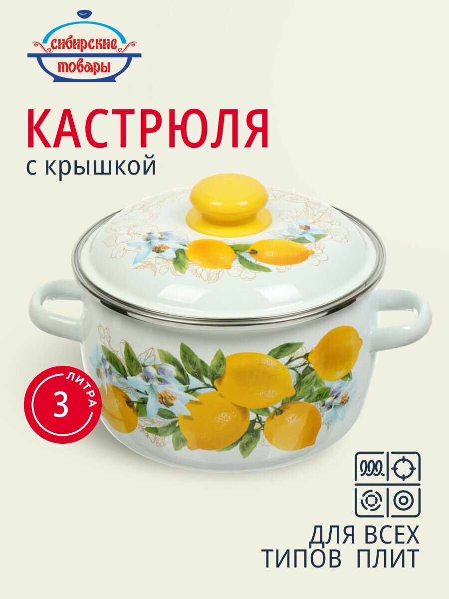 Кастрюля эмалированная сталь, 3 л, с крышкой, крышка сталь, сферический, Сибирские товары, Лимоны, 3MC181P, индукция