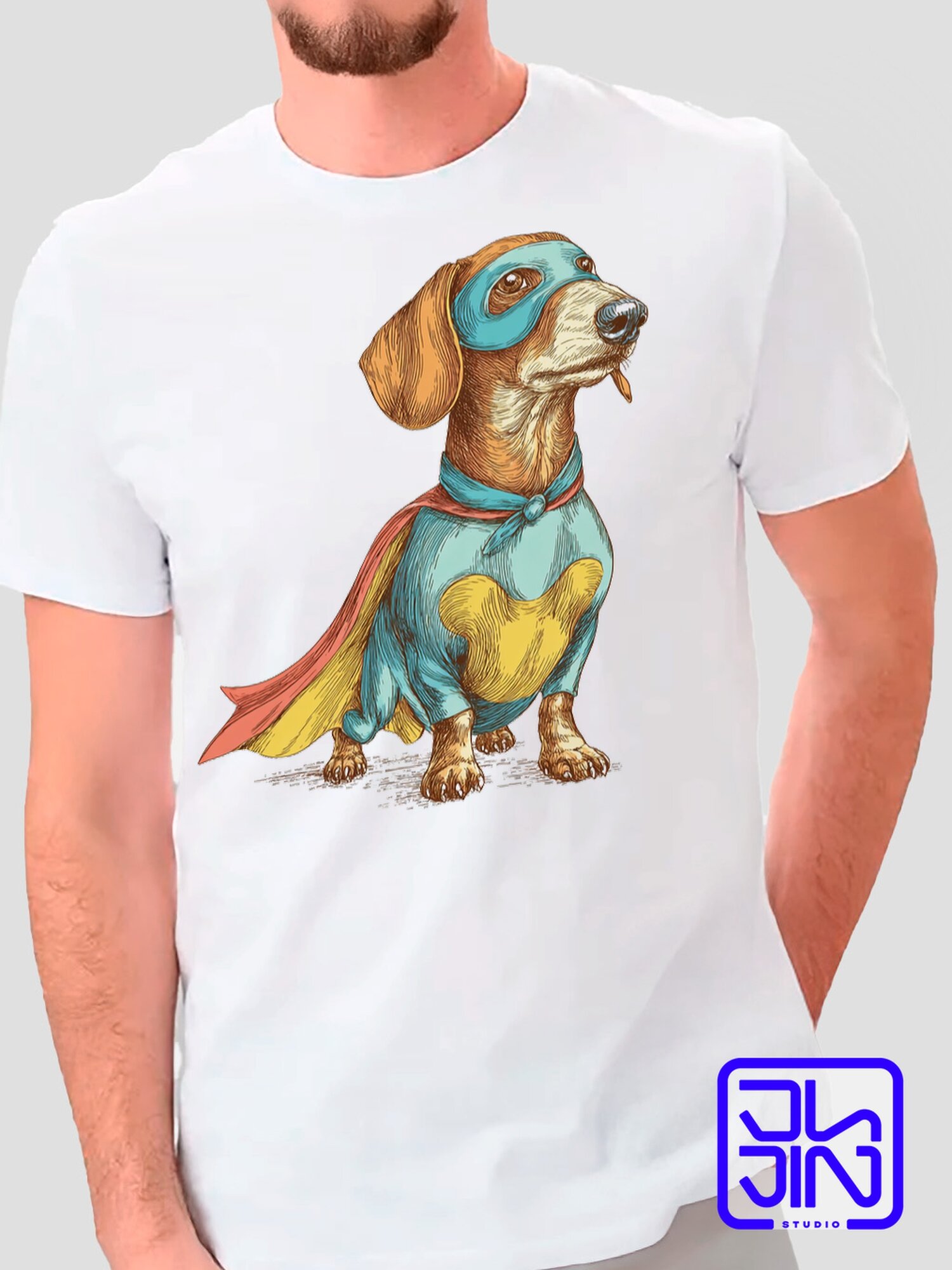 Футболка классическая мужская с авторским принтом Смешная собака супергерой в бирюзовом, морская волна костюме и ярком плаще, белый хлопковый трикотаж с прикольным рисунком на груди