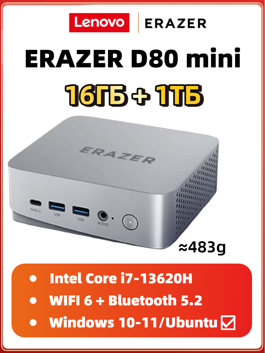 Lenovo Мини-ПК ERAZER D80 mini Настольный Компьютер Мини-хост (Intel Core i7-13620H, RAM 16 ГБ, SSD 1ТБ), серый