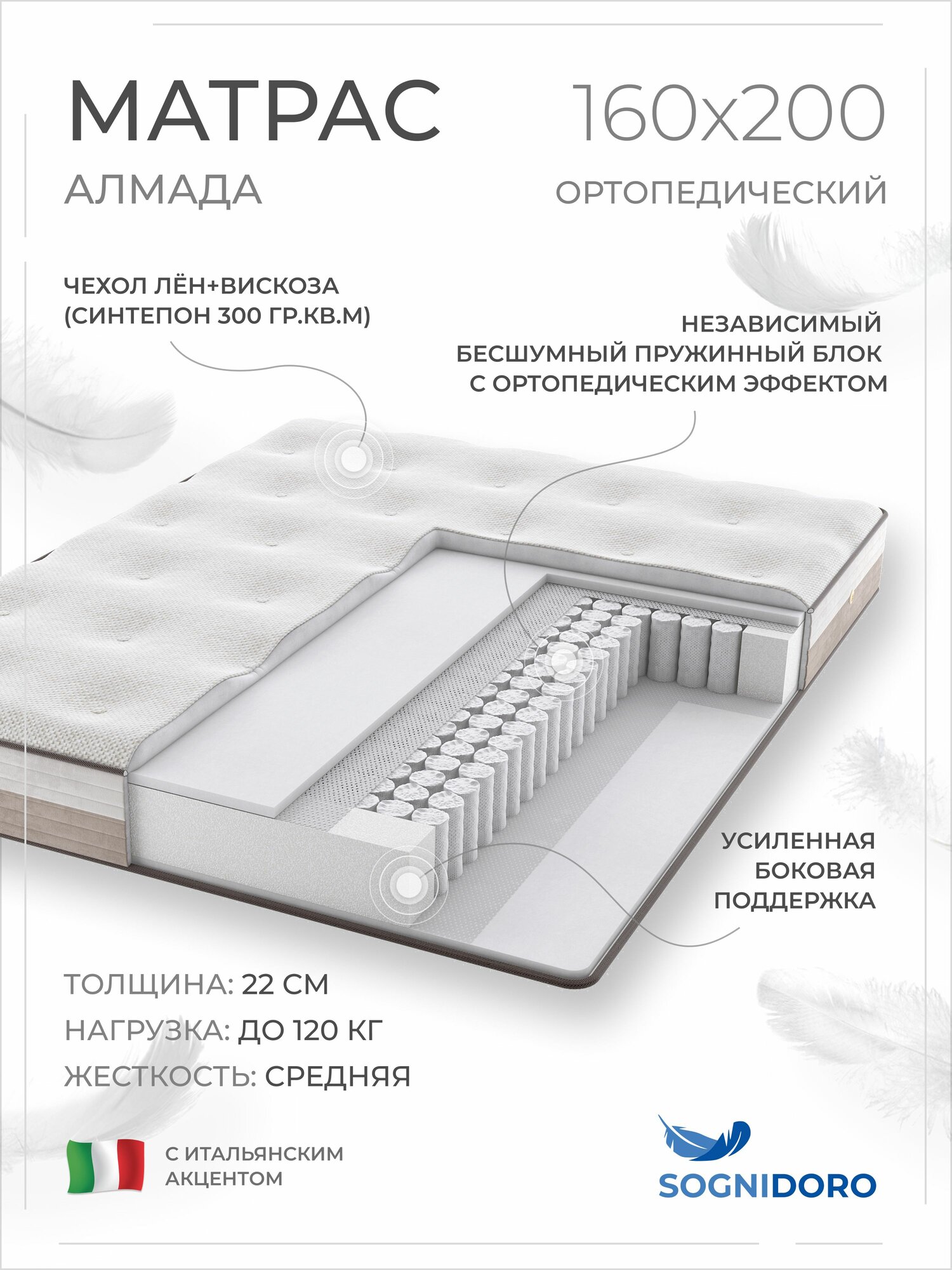 Матрас 160х200, ортопедический, анатомический, независимый пружинный блок, алмада
