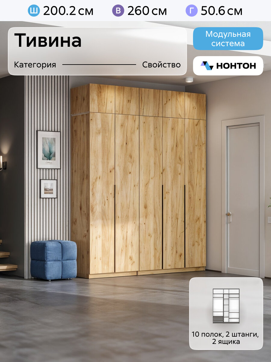 Комплект распашных шкафов для одежды Нонтон Тивина, с антресолью, 2 шт, 200 см, 10 полок, 2 штанги, 2 ящика, дуб золотой
