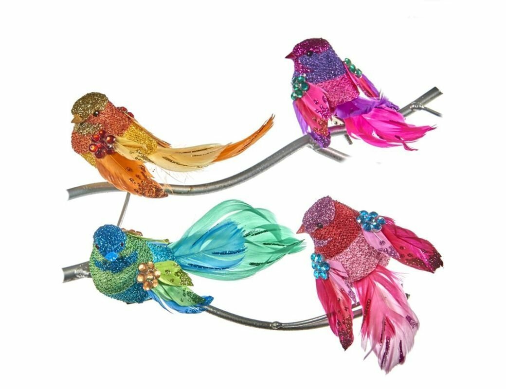 Набор декоративных птичек радужный восторг на клипсе, перо, 12 см, 4 шт, Goodwill MC39822-набор