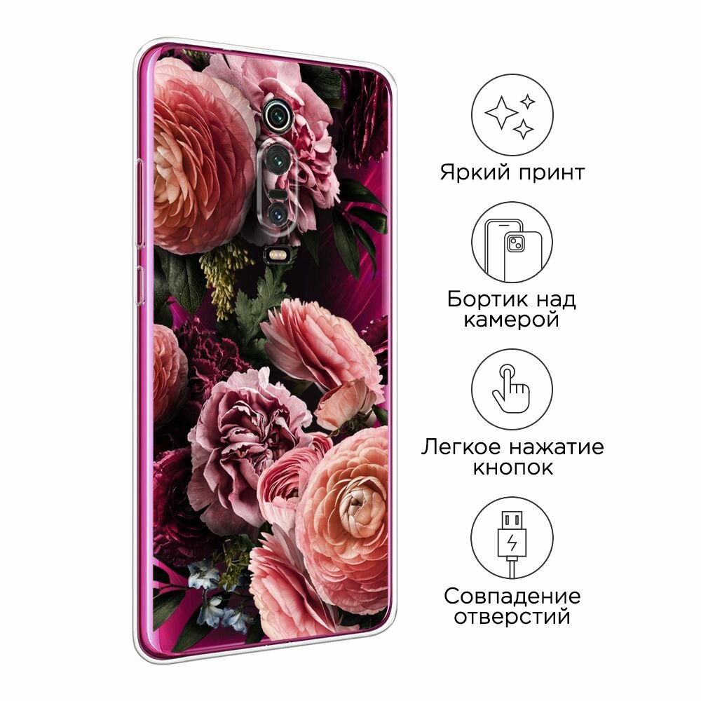 Чехол на Xiaomi Redmi K20/K20 Pro/Mi 9T/9T Pro / Сяоми Редми К20 с принтом "Бордовые винтажные цветы", прозрачный — фото 1