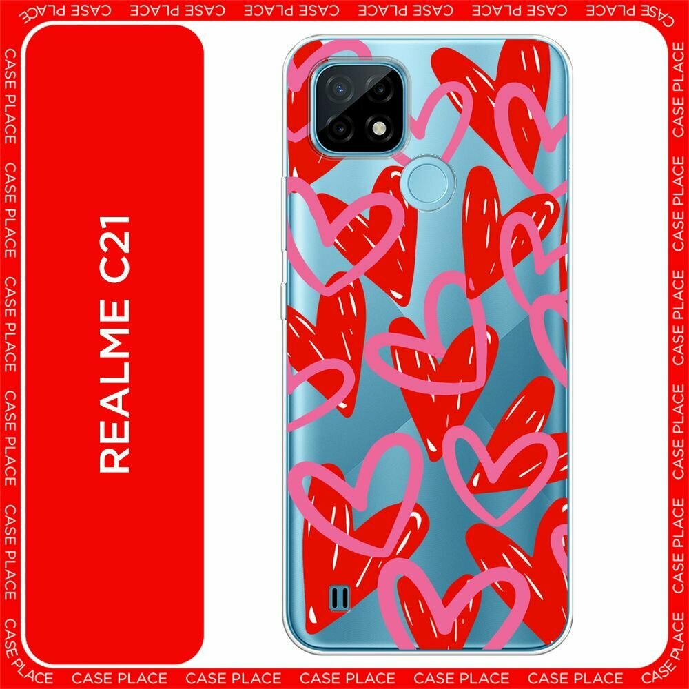 Чехол на Realme C21 / Реалми С21 с принтом "Hearts doodles - 14 февраля", прозрачный