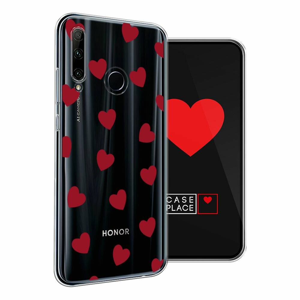 Чехол на Honor 10i/20 Lite 2019/20e/Huawei P Smart Plus 2019 / Хонор 10i с принтом Бордовые сердечки паттерн, прозрачный — фото 1