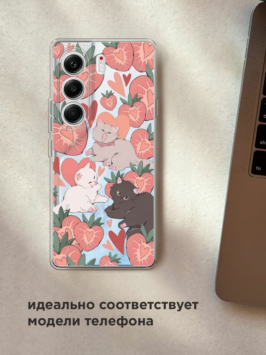 Чехол на Tecno Camon 40 Pro 5G / Текно Камон 40 Про 5G с принтом "Клубничные котики", прозрачный — фото 1