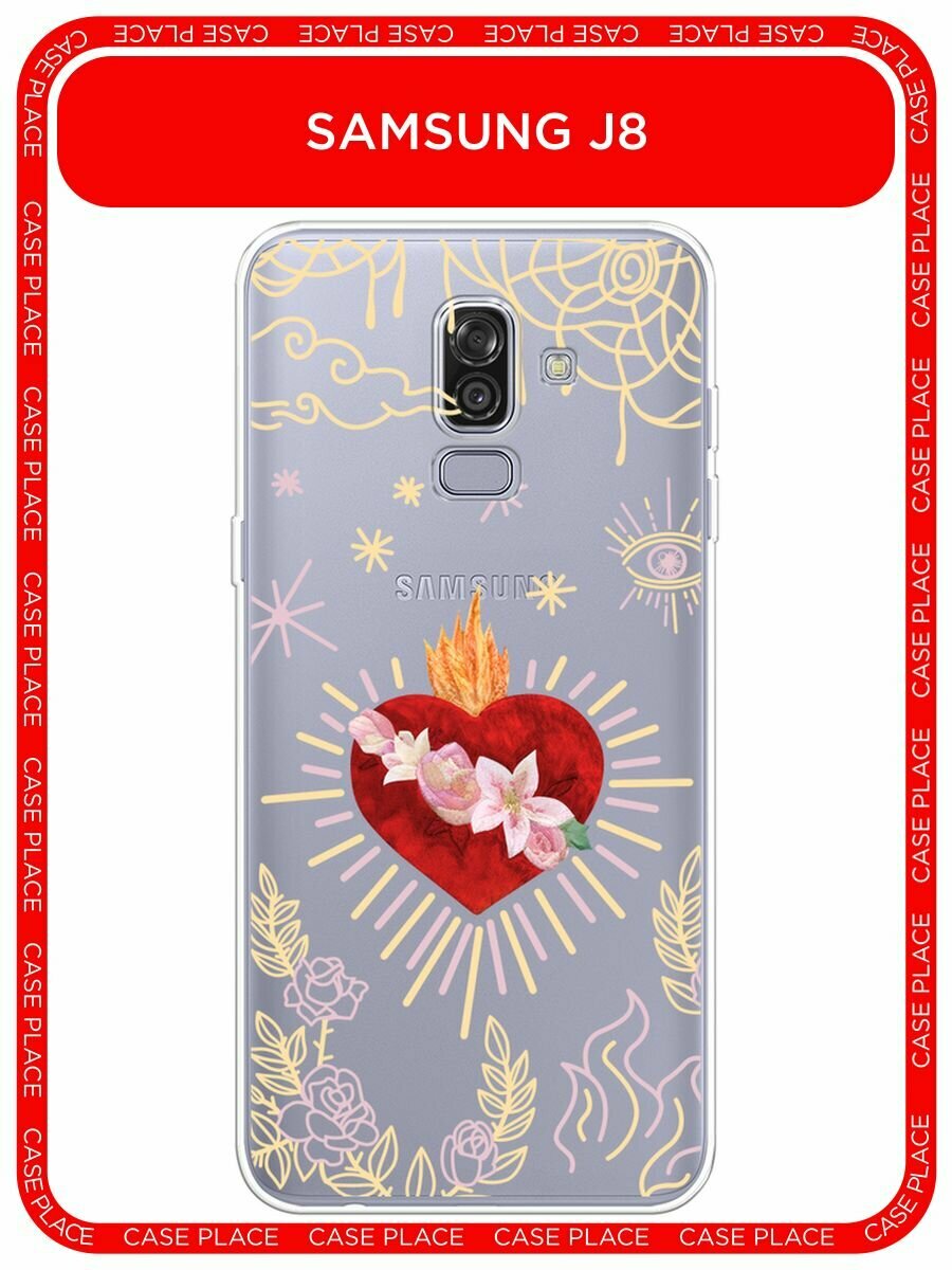 Чехол на Samsung Galaxy J8 / Самсунг Галакси Джей 8 с принтом "Сердце в цветах", прозрачный