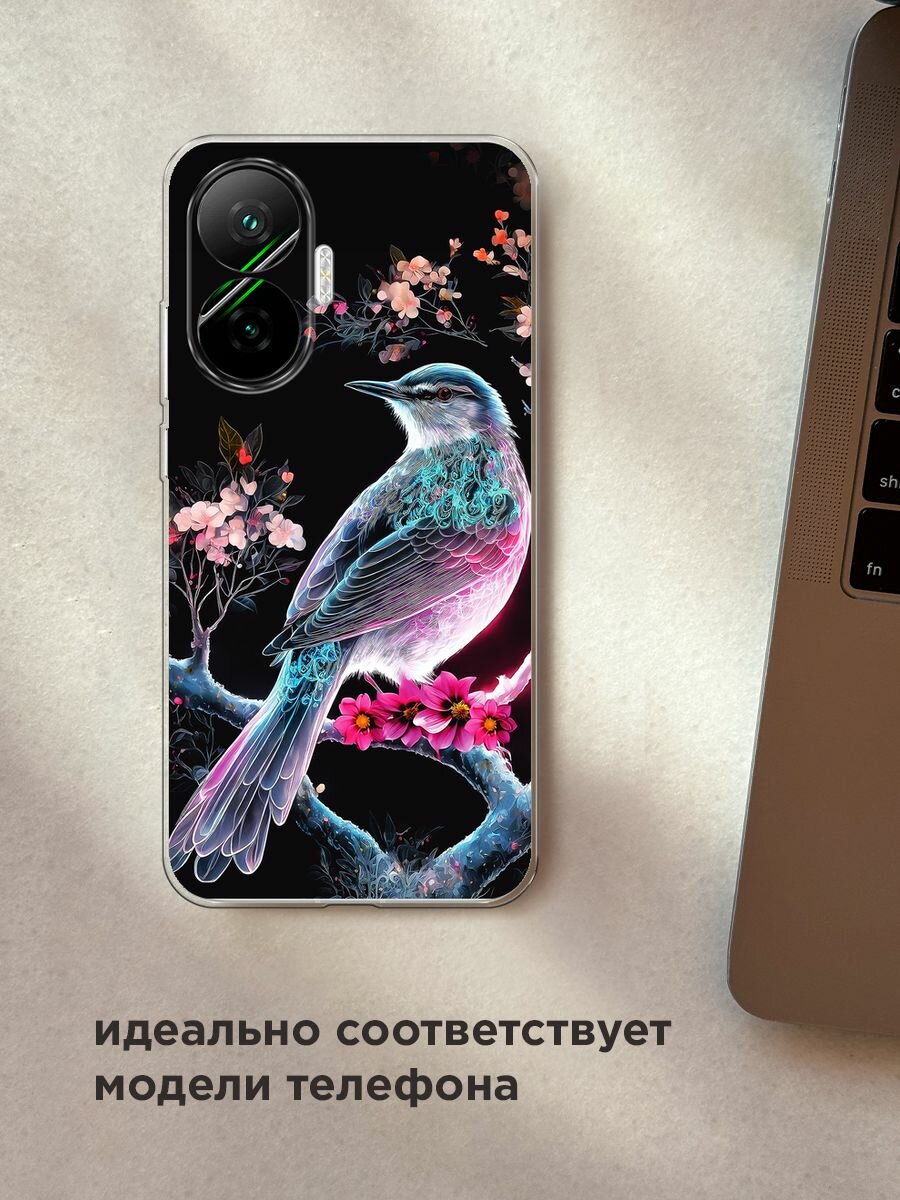 Чехол на Poco F7 / Поко F7 с принтом "Птица на цветущем дереве" — фото 1