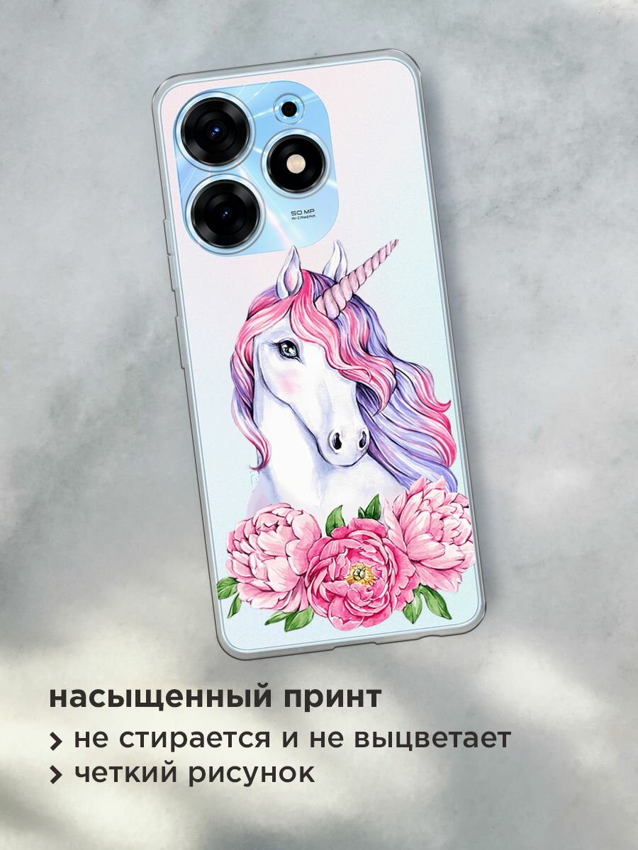Чехол на Tecno Spark 10 Pro / Текно Спарк 10 Про с принтом "Единорог с пионами", прозрачный — фото 1