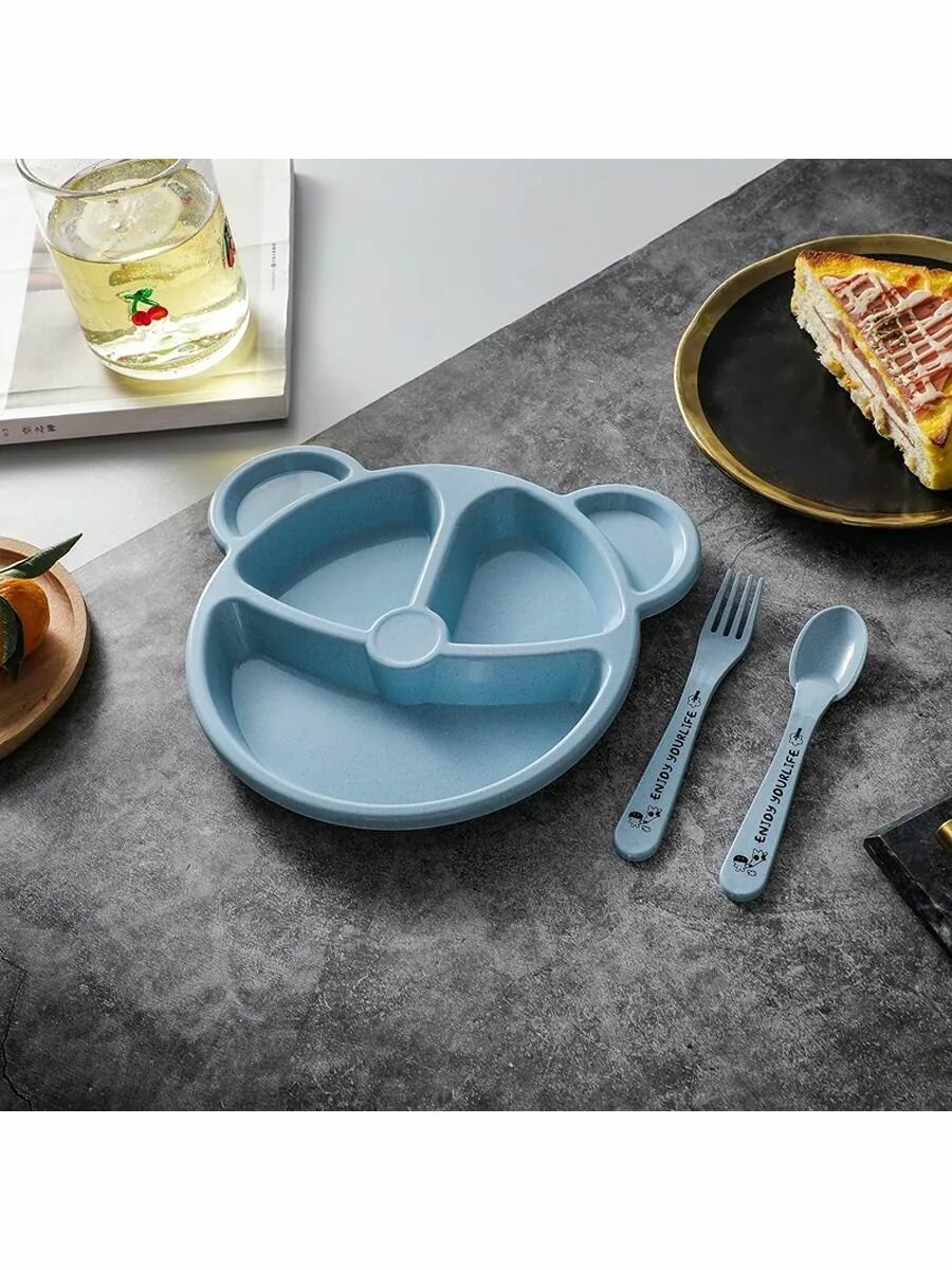 Детская обеденная тарелка, посуда с рисунком медведя из мультика, сетка из пшеничной соломы