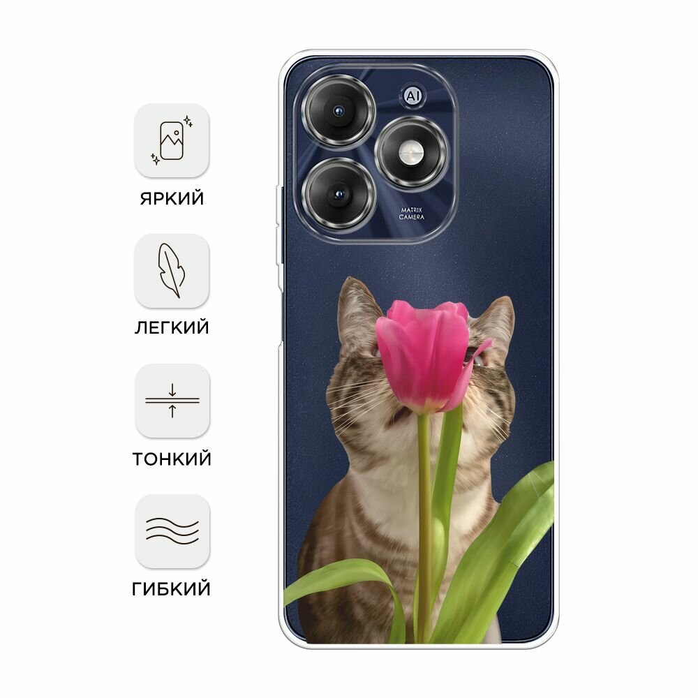 Чехол на Itel A70 / Ител А70 с принтом "Кот с тюльпаном - 8 марта", прозрачный — фото 1