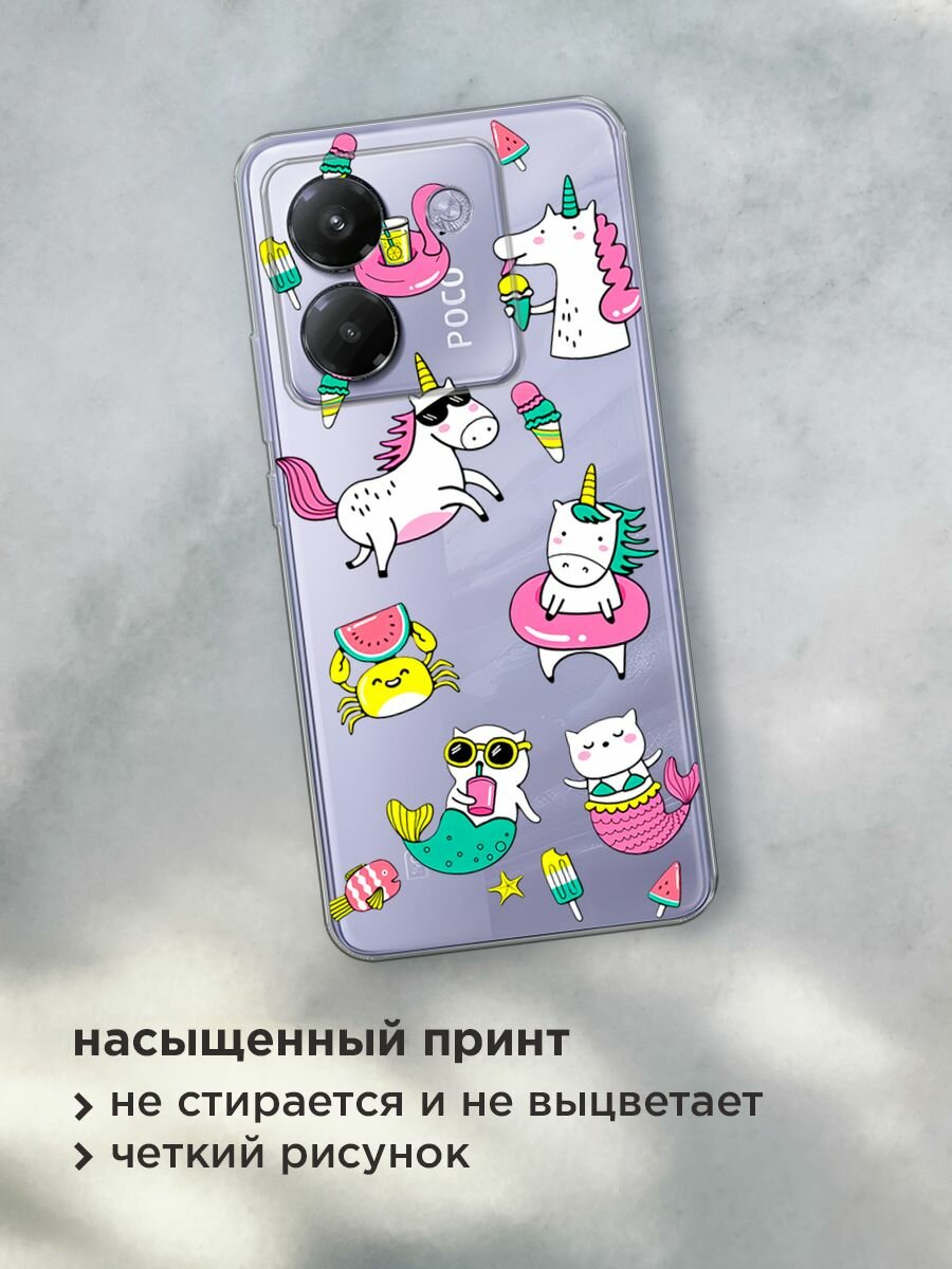 Чехол на Poco M7 Pro / Поко М7 Про с принтом "Единороги в отпуске", прозрачный — фото 1