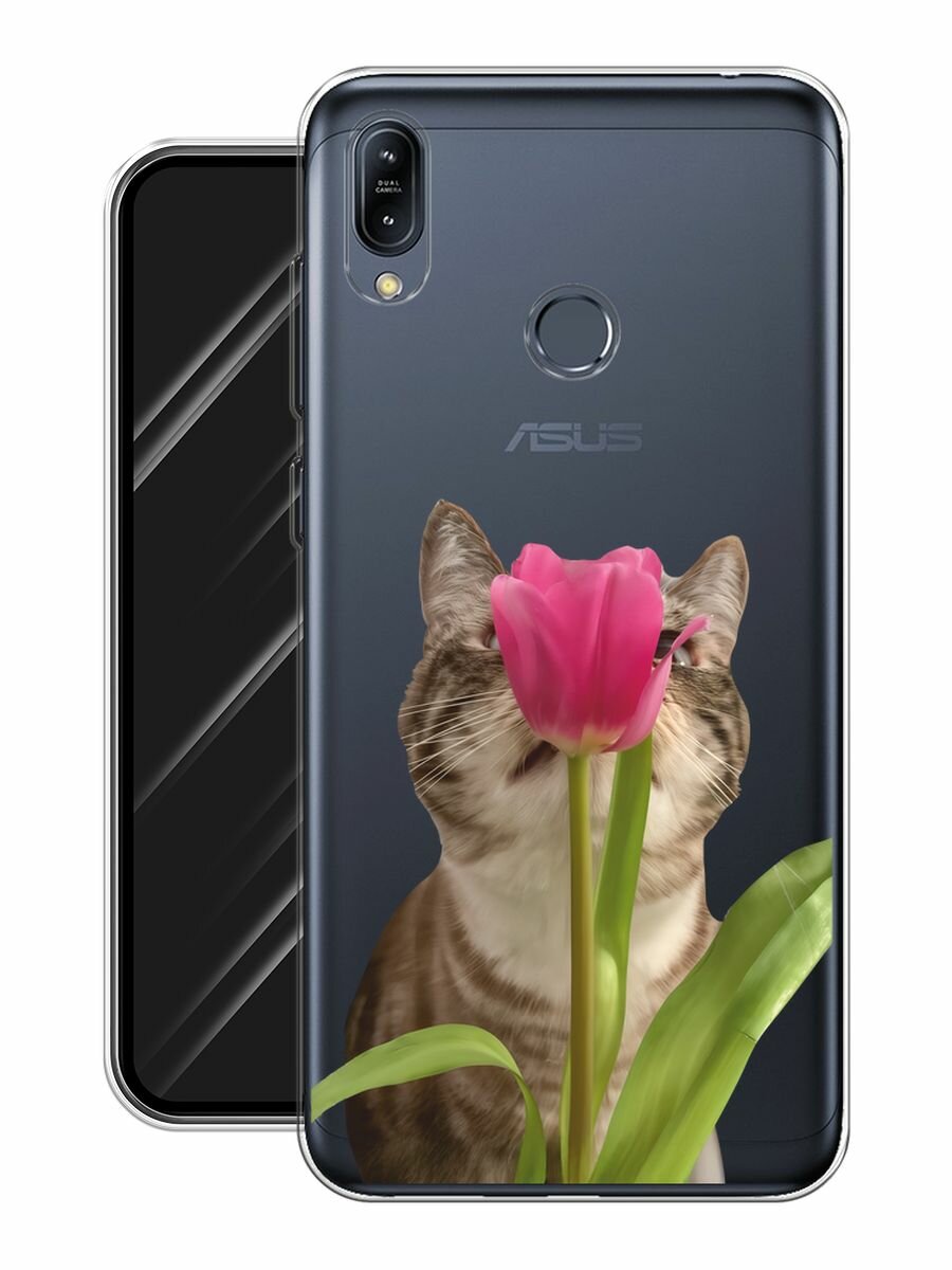 Чехол на Asus Zenfone Max M2 ZB633KL / Асус Зенфон Макс М2 ZB633KL с принтом "Кот с тюльпаном - 8 марта", прозрачный — фото 1