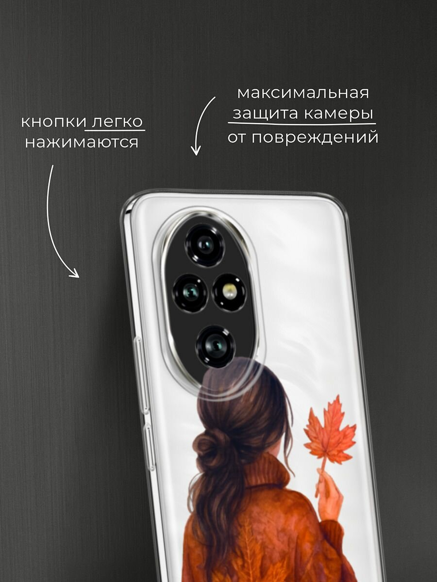 Чехол на Honor 200 Pro / Хонор 200 Про с принтом "Девушка с опавшим листом", прозрачный — фото 1