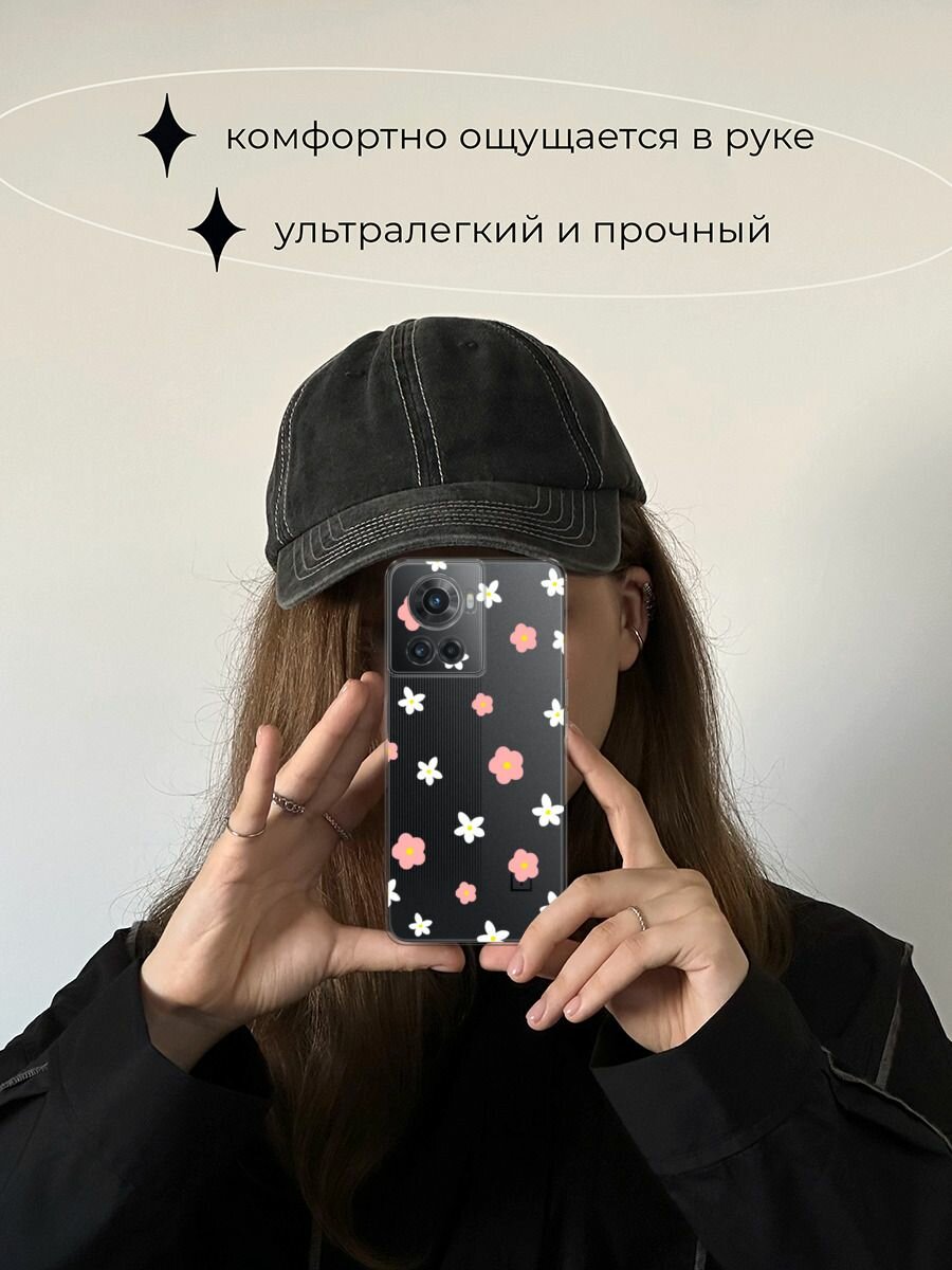 Чехол на OnePlus 10R/Ace / Ван Плас 10R/Ace с принтом "Розовые и белые цветы", прозрачный — фото 1